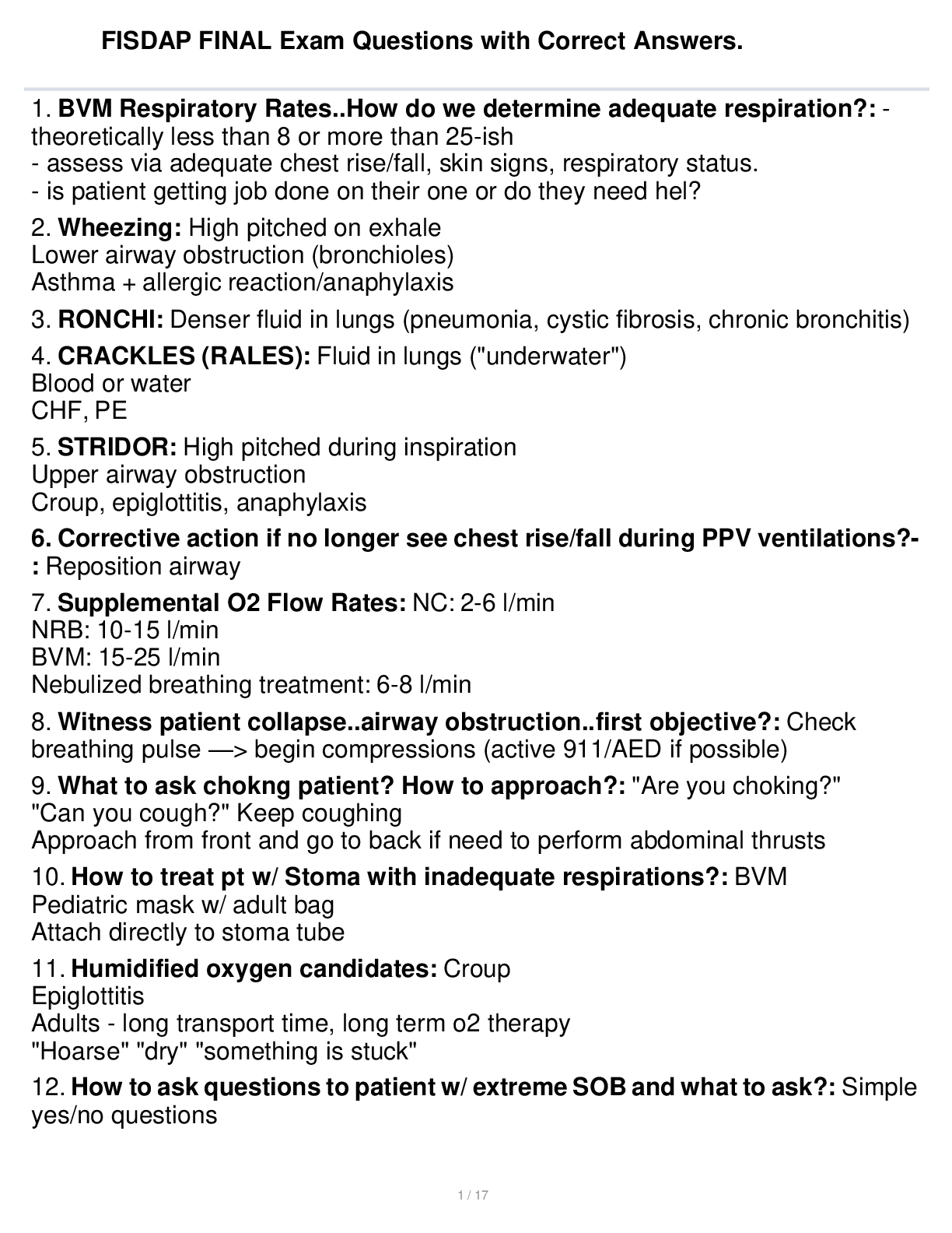 FISDAP FINAL Exam Questions with Correct Answers. - Scholarfriends